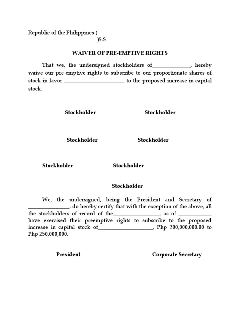 Waiver of Pre-Emptive Rights Template | PDF