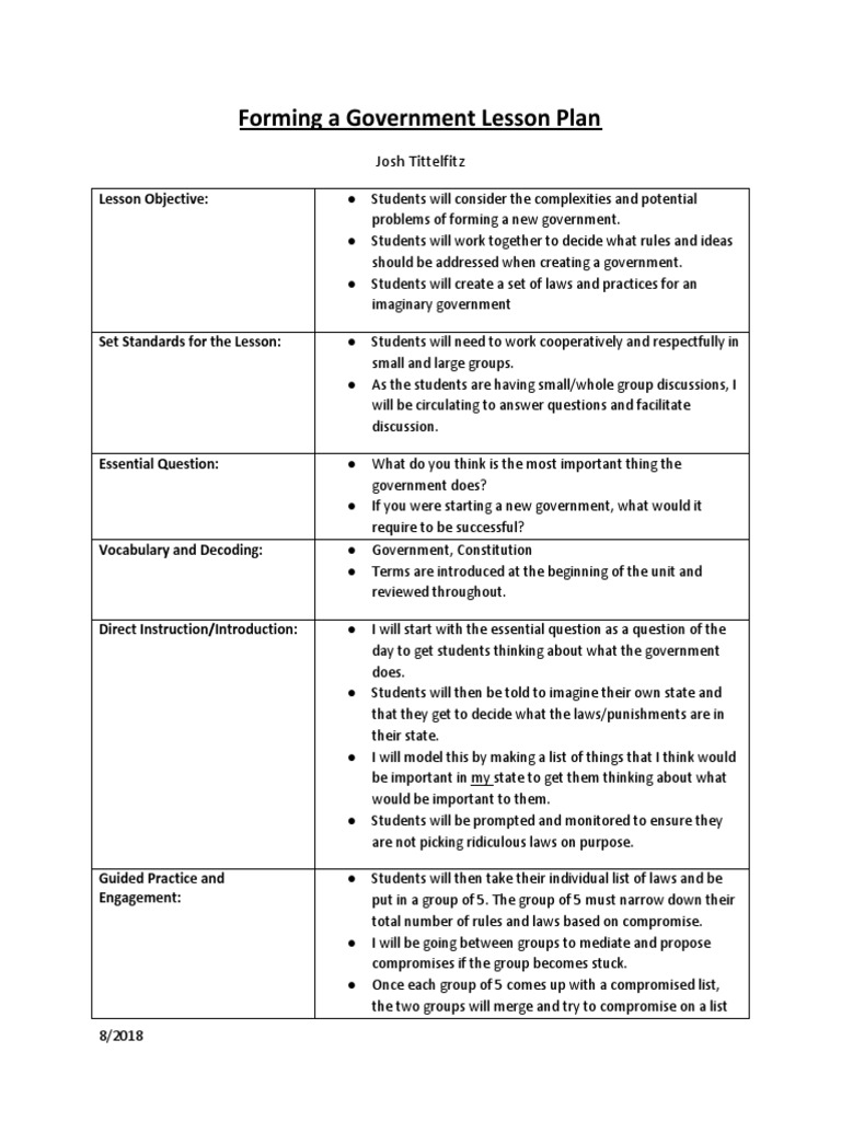 Forming A Government Lesson Plan | PDF | Lesson Plan | Education Theory