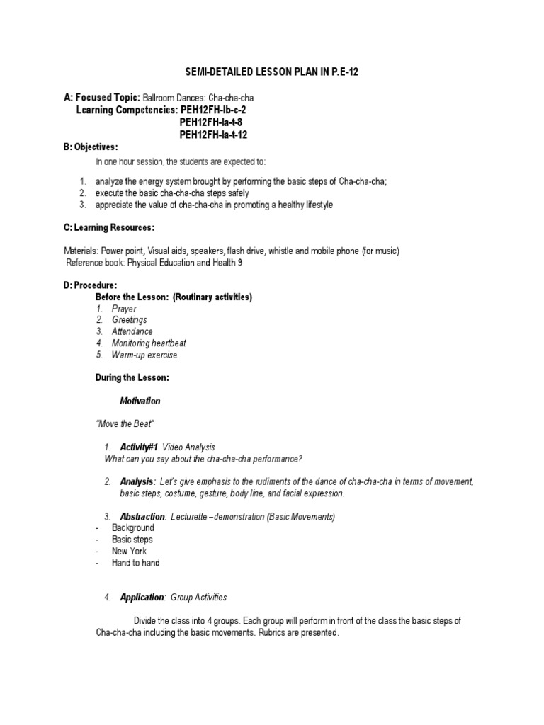 Lesson Plan in SHS Dance | PDF