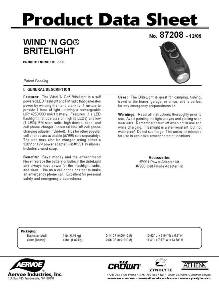 Britelite Product Data Sheet | PDF | Flashlight | Battery Charger