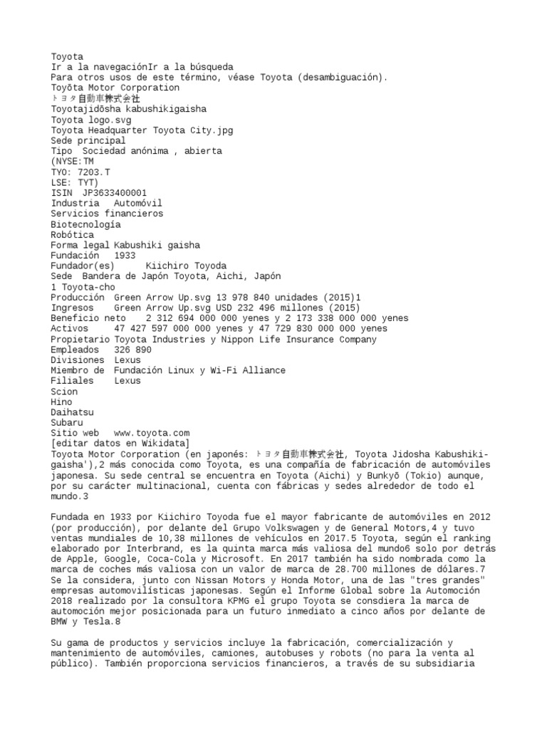 Historia y datos de Toyota Motor Corporation | PDF | Toyota | Lexus