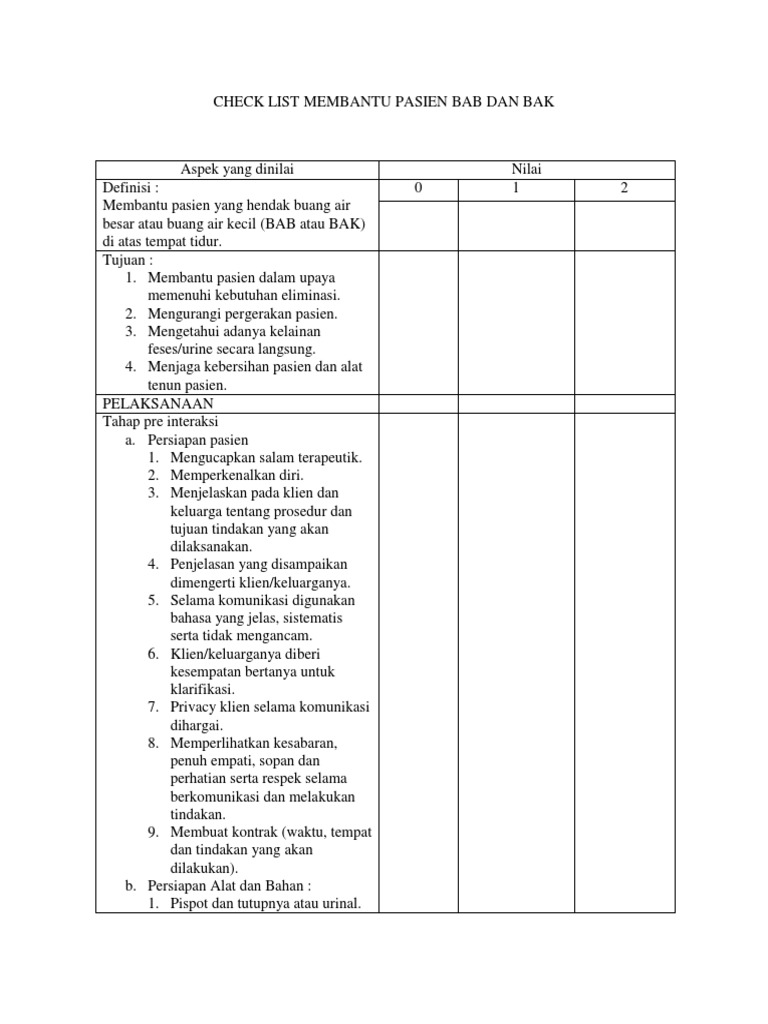 Check List Membantu Pasien Bab Dan Bak | PDF