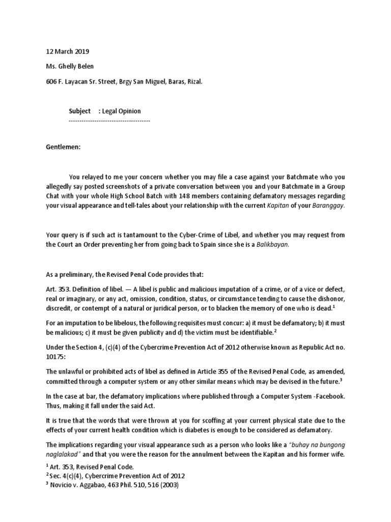 Legal Opinion Sample | PDF | Defamation | Criminal Justice