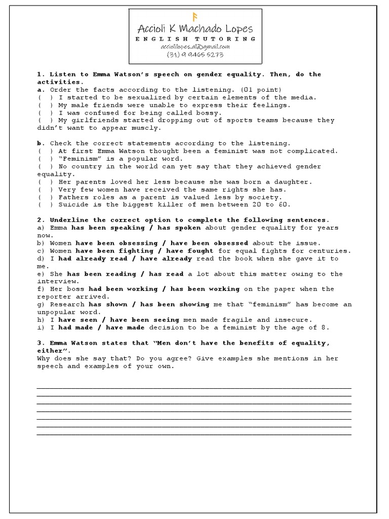 Emma Watson gender equality speech listening activity | PDF | Gender ...