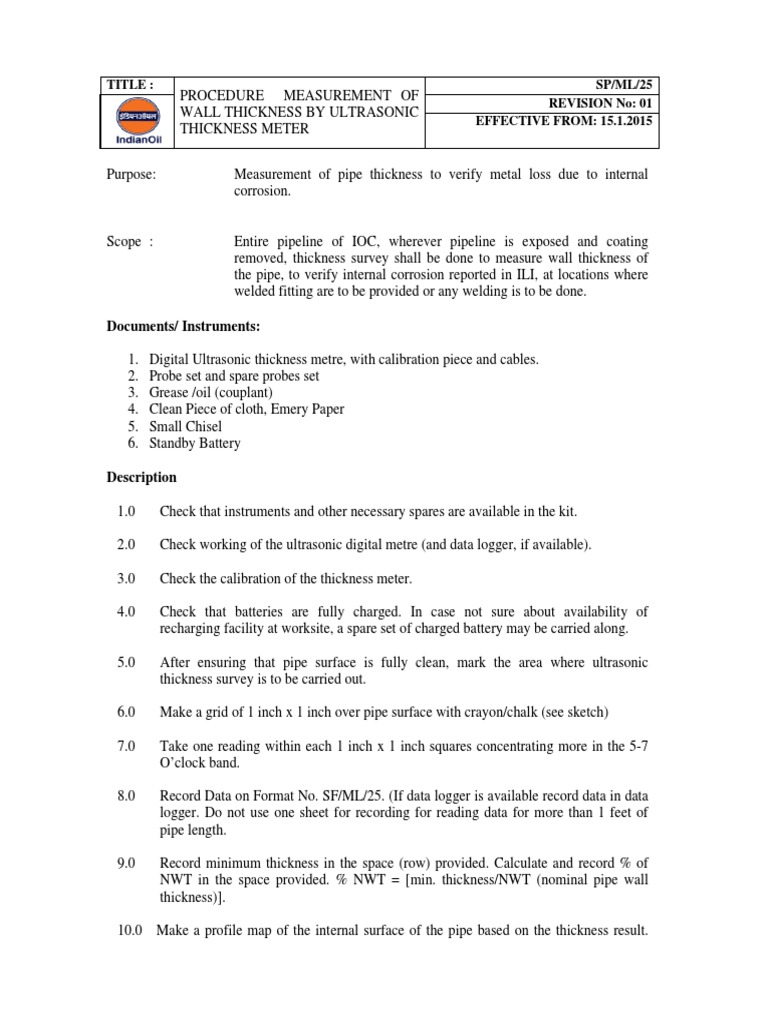 Ultrasonic Thickness Measurement Procedure | PDF | Pipe (Fluid ...