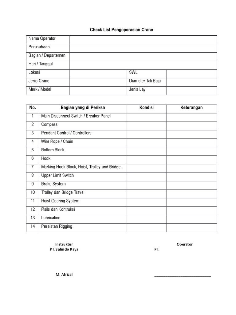 Checklist Pengoperasian Crane | PDF