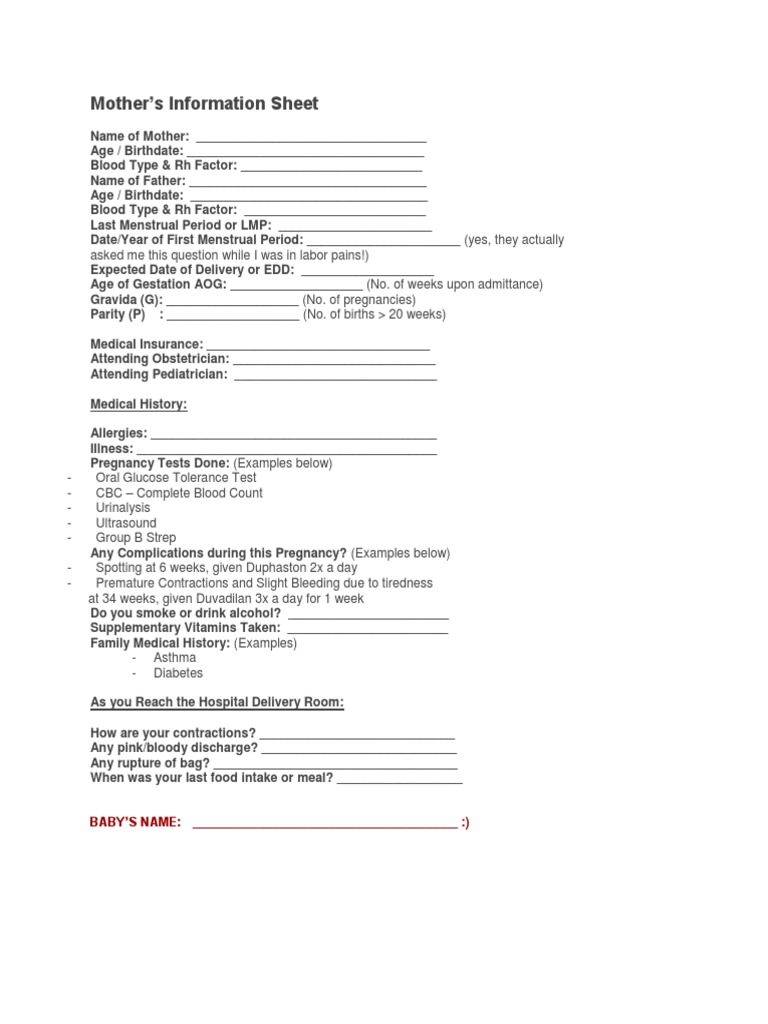 Comprehensive Mother’s Information Sheet | PDF