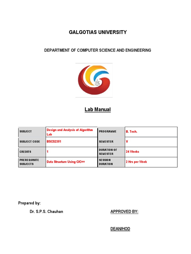 Design and Analysis of Algorithm Lab (BSCS2351) Lab Manual | Download Free PDF | Algorithms And ...