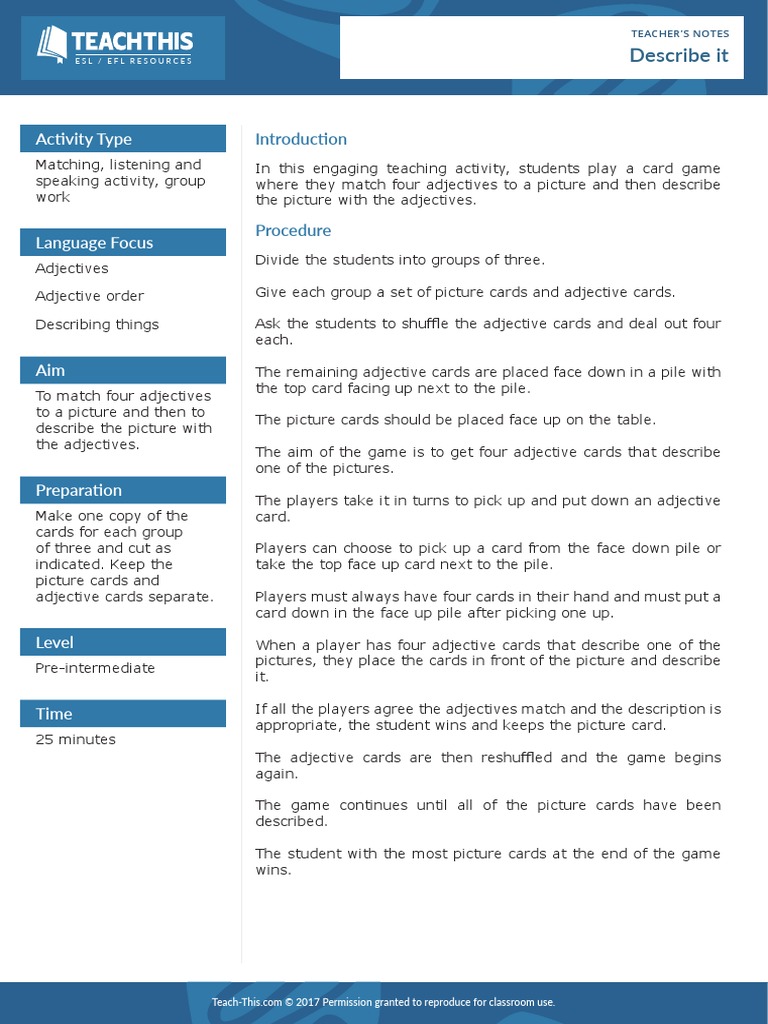 Describe Things Exercises | PDF | English As A Second Or Foreign ...