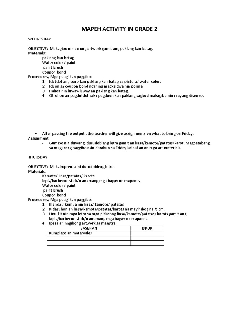 Mapeh Activity in Grade 2 | PDF