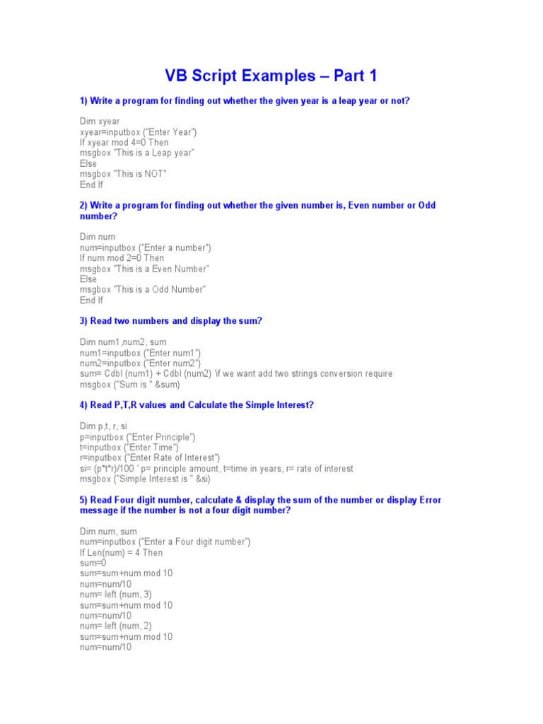 VB Script Examples - Part 1 | PDF | Numbers | Computer Data