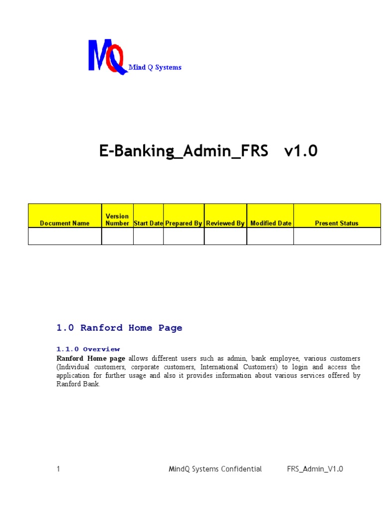 E-Banking Admin FRS v1.0 | PDF | Use Case | Online Banking