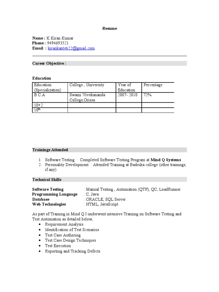 Fresher Resume Format | PDF | Career & Growth