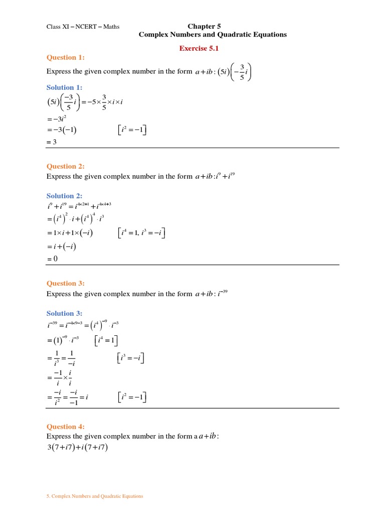 Chapter 5 - Complex Numbers and Quadratic Equations | PDF | Complex ...