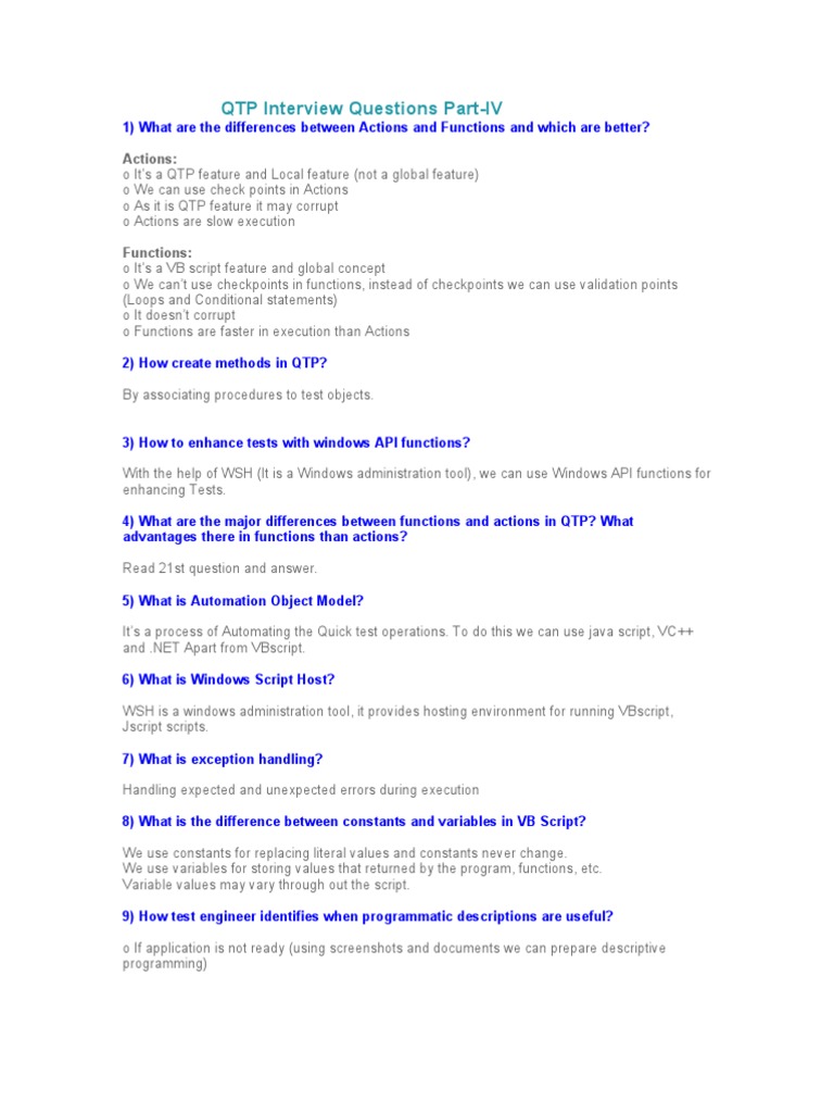 QTP Interview Questions Part-IV: Actions | PDF | Scripting Language | Systems Engineering