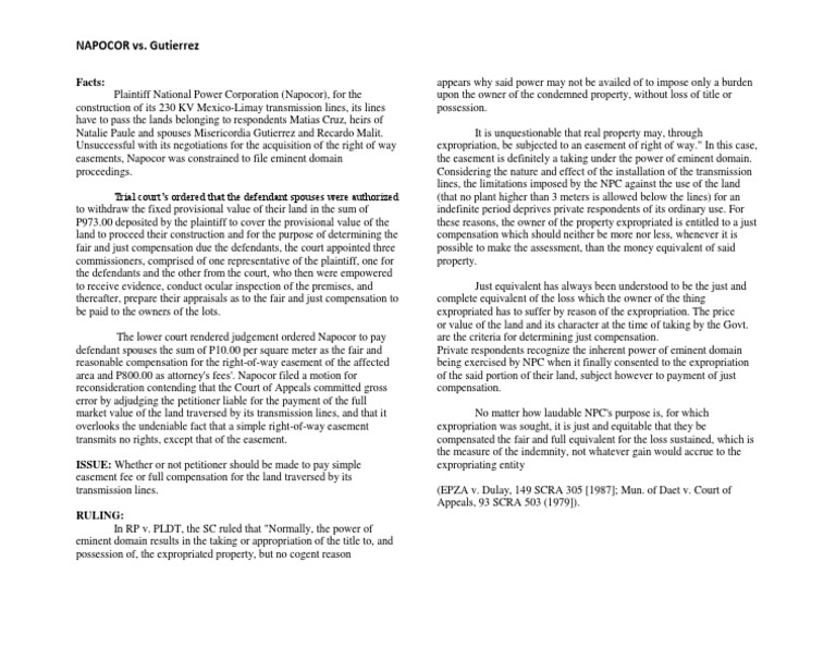 NAPOCOR vs. Gutierrez | PDF | Eminent Domain | Easement