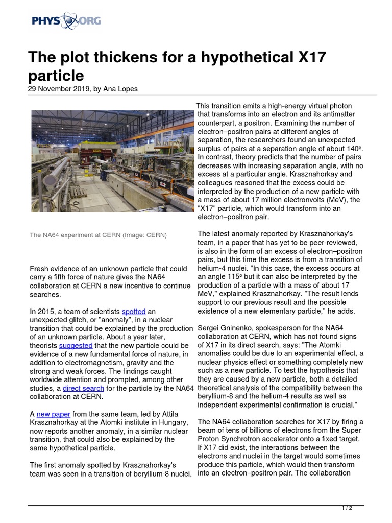 Plot Thickens Hypothetical x17 Particle | PDF | Elementary Particle ...