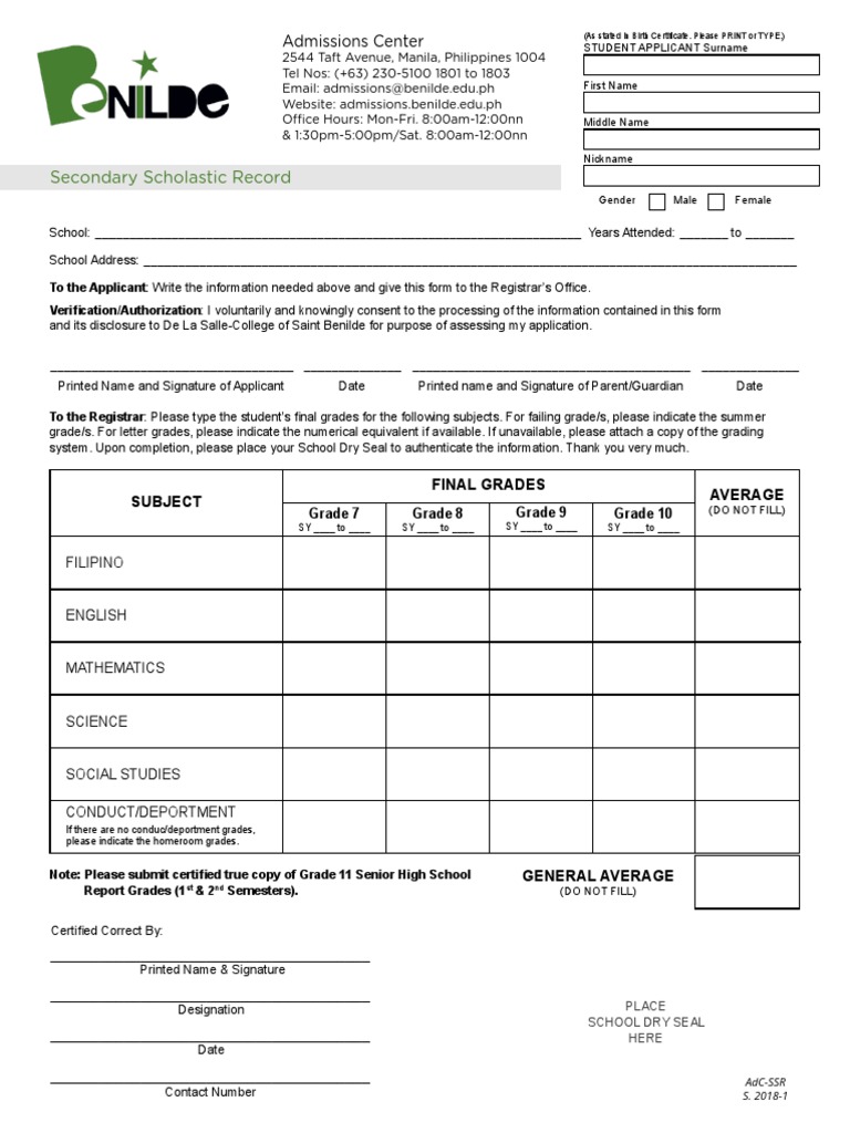 Benilde Secondary Scholastic Record Form | PDF | Schools | Learning
