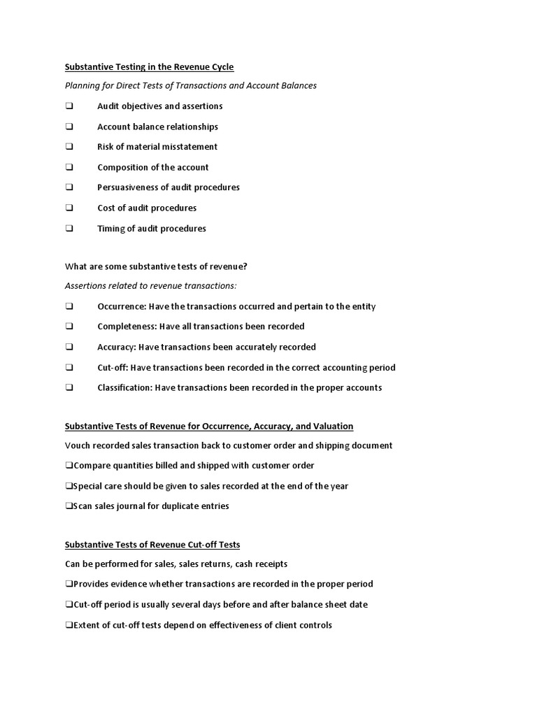 Substantive Revenue Testing Procedures | PDF | Financial Audit | Revenue