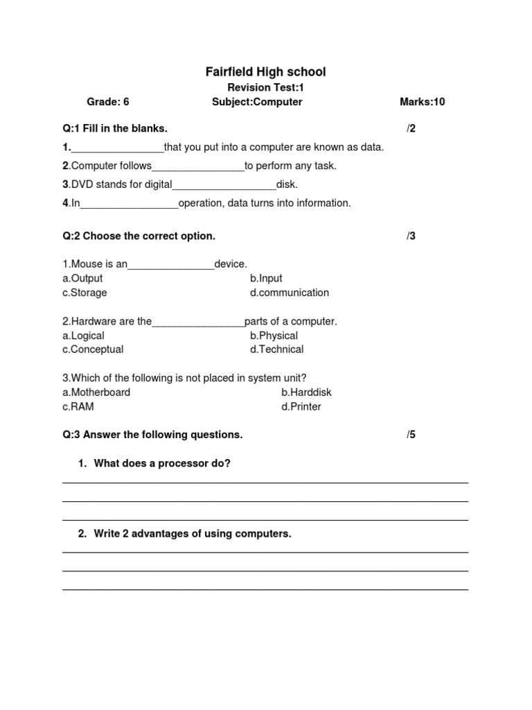 Grade 6 Computer Test 1 | PDF