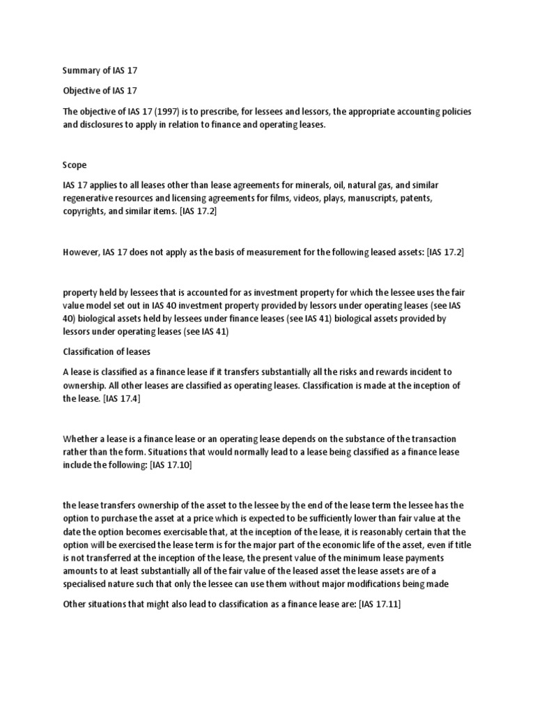 Summary of IAS 17 | PDF | Lease | Financial Accounting