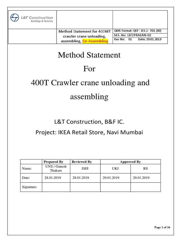 Method Statement For 400 MT Crawler Crane Unloading Assembling and De-A.. | PDF | Crane (Machine ...