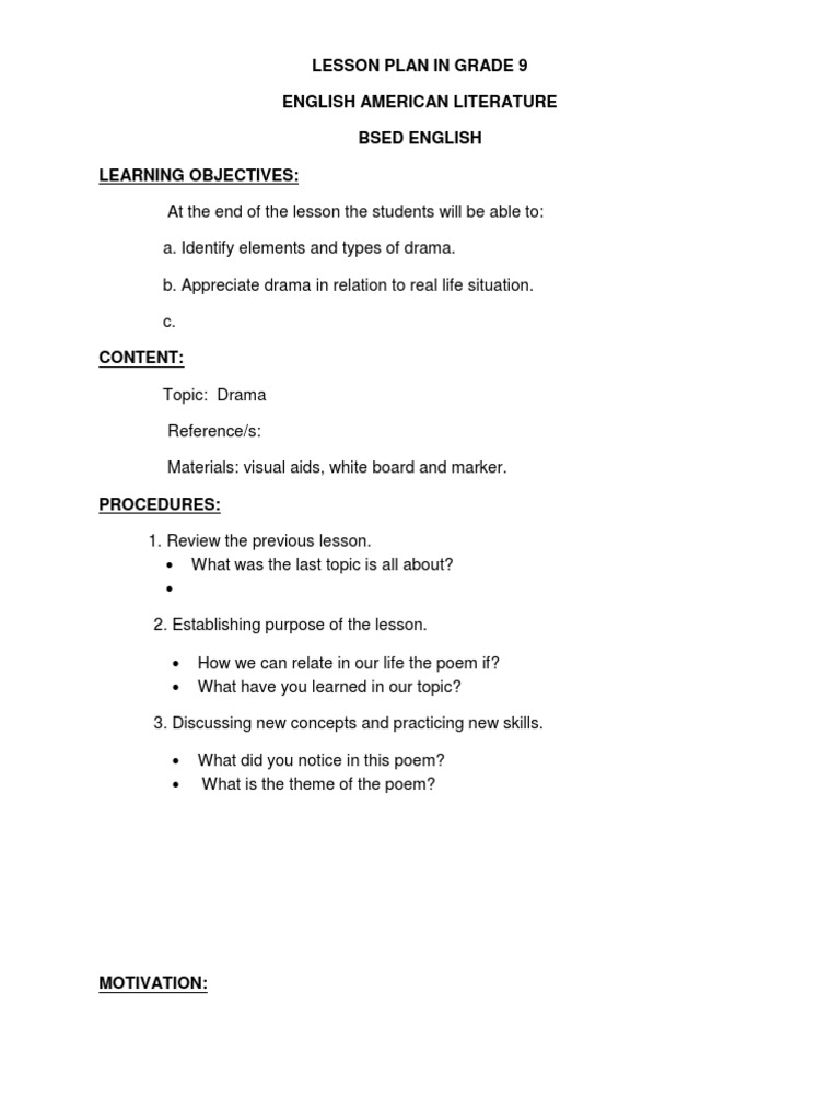 Grade 9 Drama Lesson | PDF | Lesson Plan | Psychological Concepts