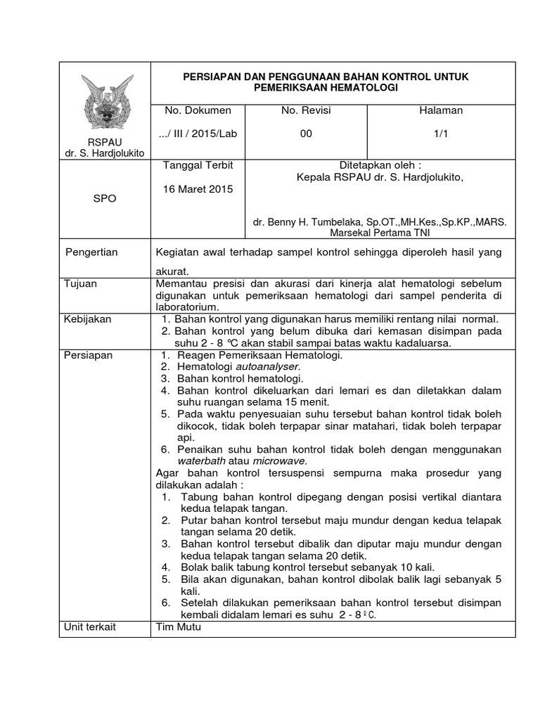 Sop Bahan Kontrol Hema | PDF