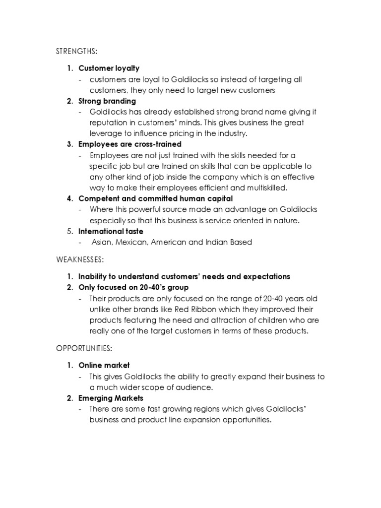 Goldilocks SWOT ANALYSIS | PDF | Diversity (Business) | Brand