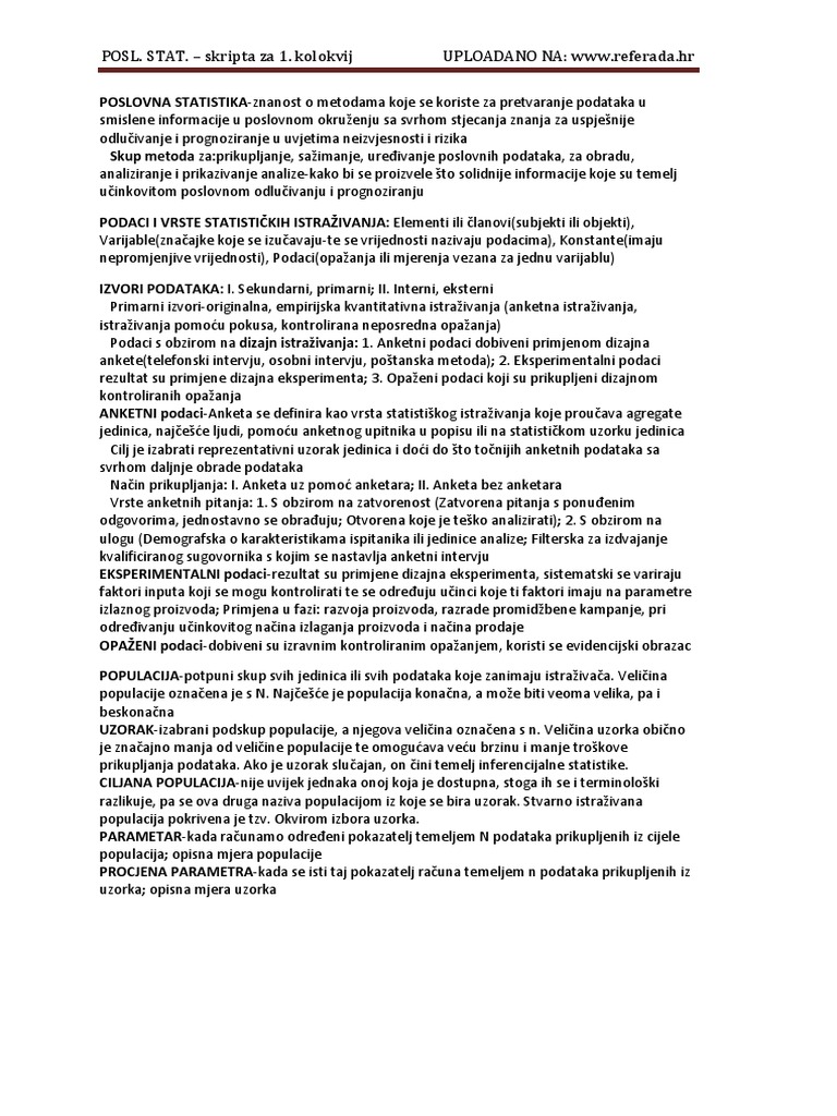 POSLOVNA STATISTIKA Skripta Za 1. Kolokvij PDF | PDF