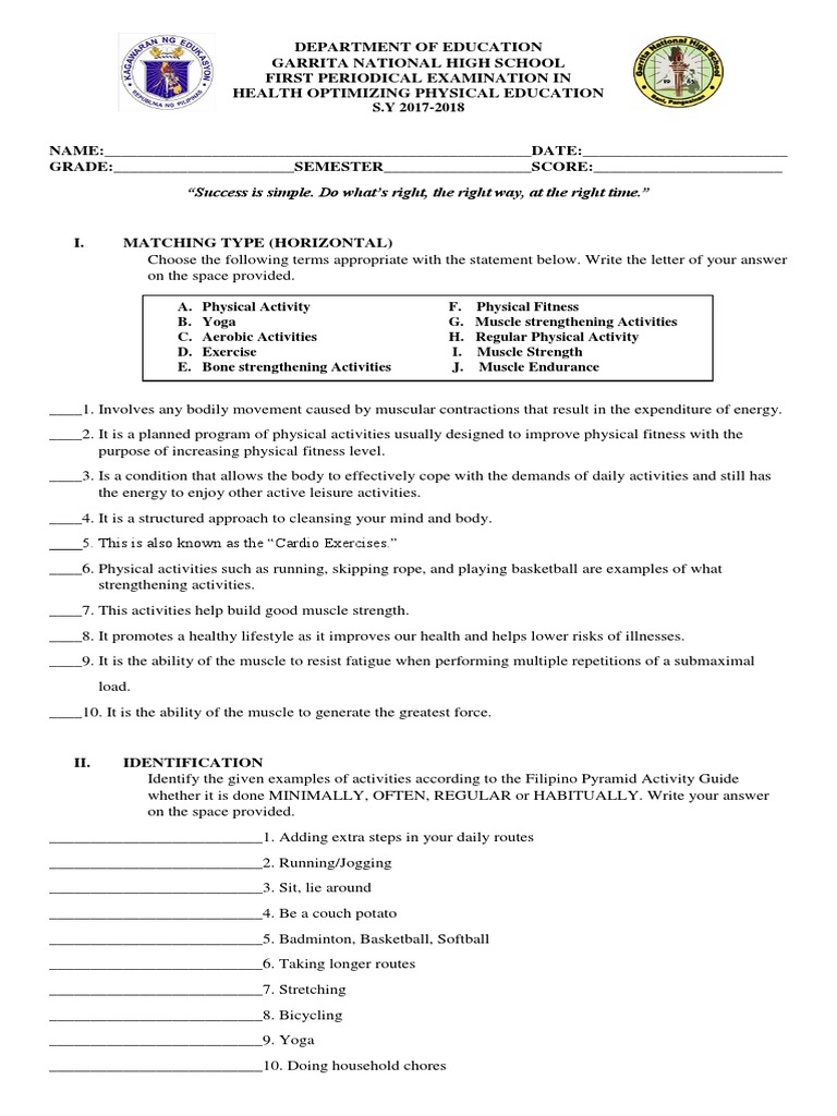 HOPE Grade 11 First Quarter Examination | PDF | Physical Fitness ...