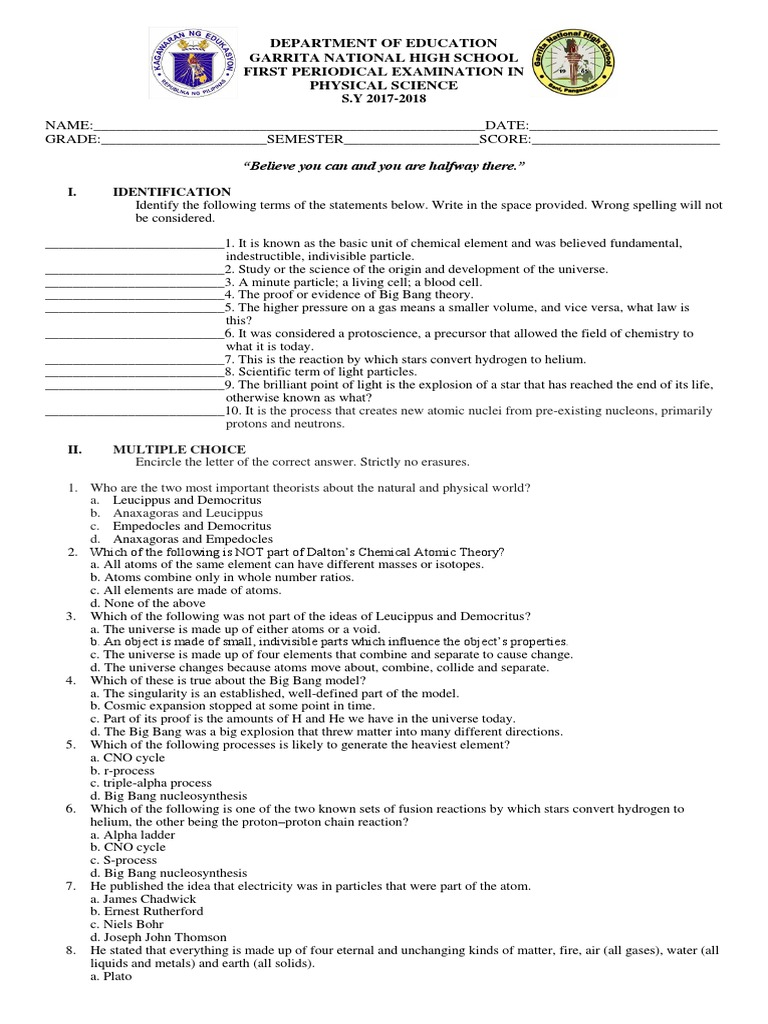 Physical Science First Quarter Examination | PDF | Atoms | Universe