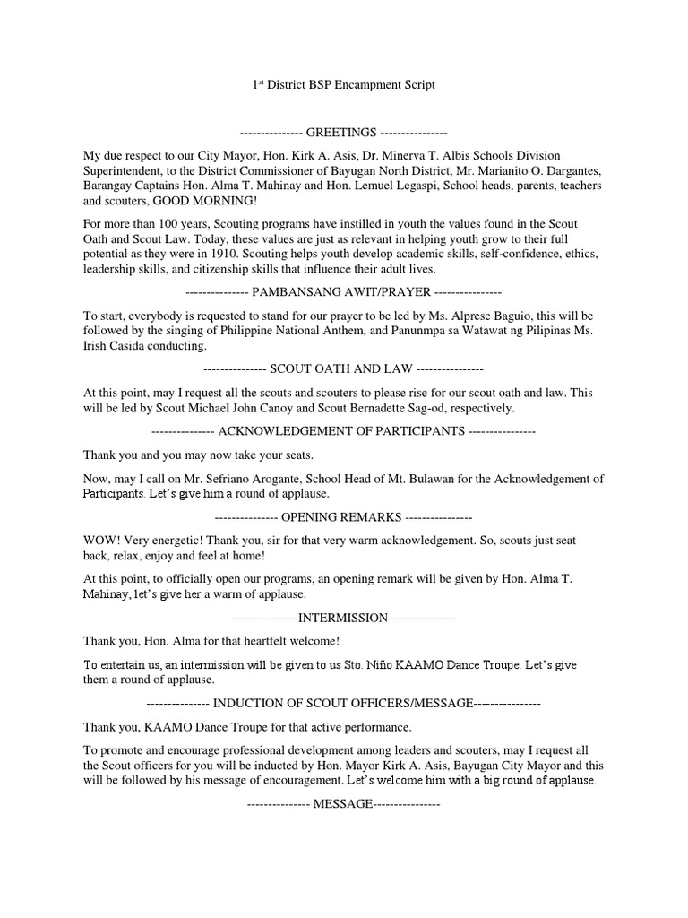 1st District BSP Encampment Script | Download Free PDF | Youth ...
