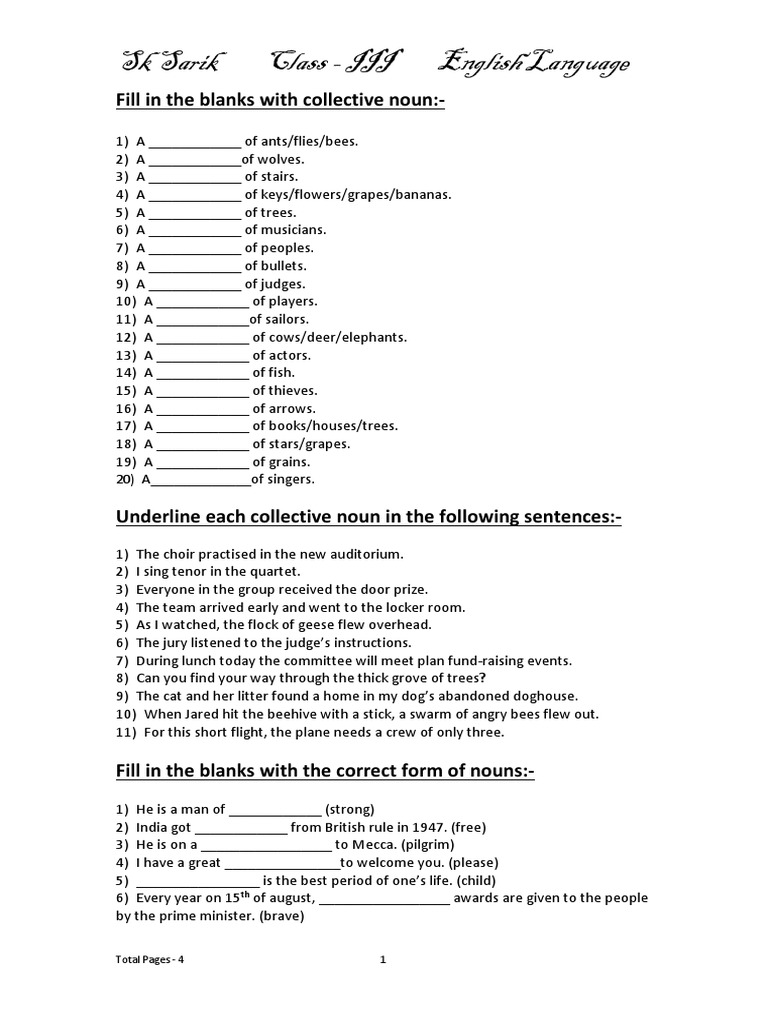 Collective Nouns Fill-in-the-Blanks Worksheet | PDF