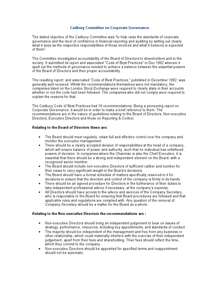 Cadbury Committee Corporate Governance Guide | PDF | Board Of Directors ...