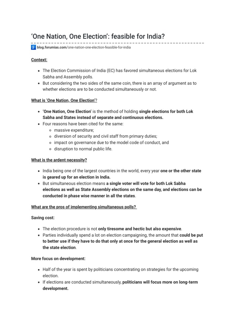 One Nation, One Election: Pros and Cons | PDF | Constitutional ...