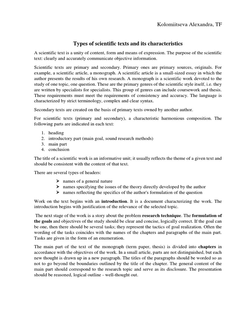 Types of Scientific Texts and Its Characteristics | PDF | Thesis ...