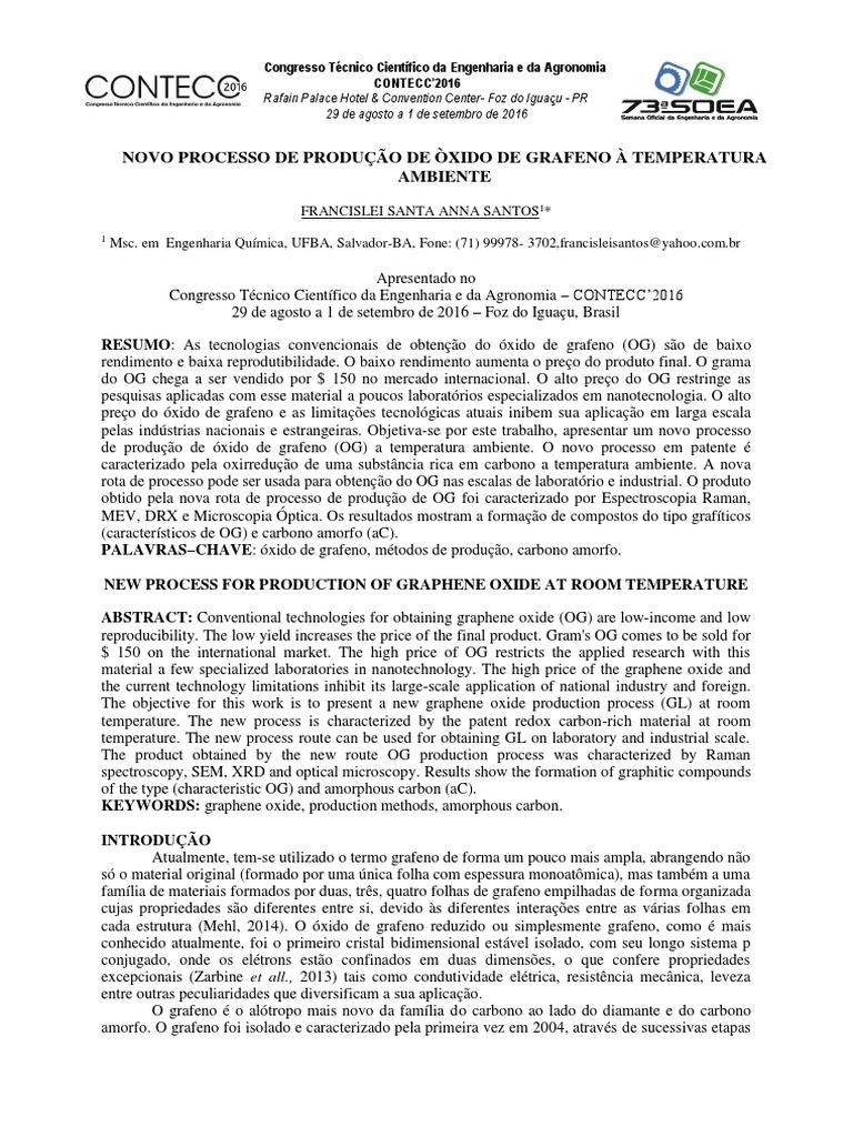 Novo Processo de Produção de Òxido de Grafeno À Temperatura Ambiente ...
