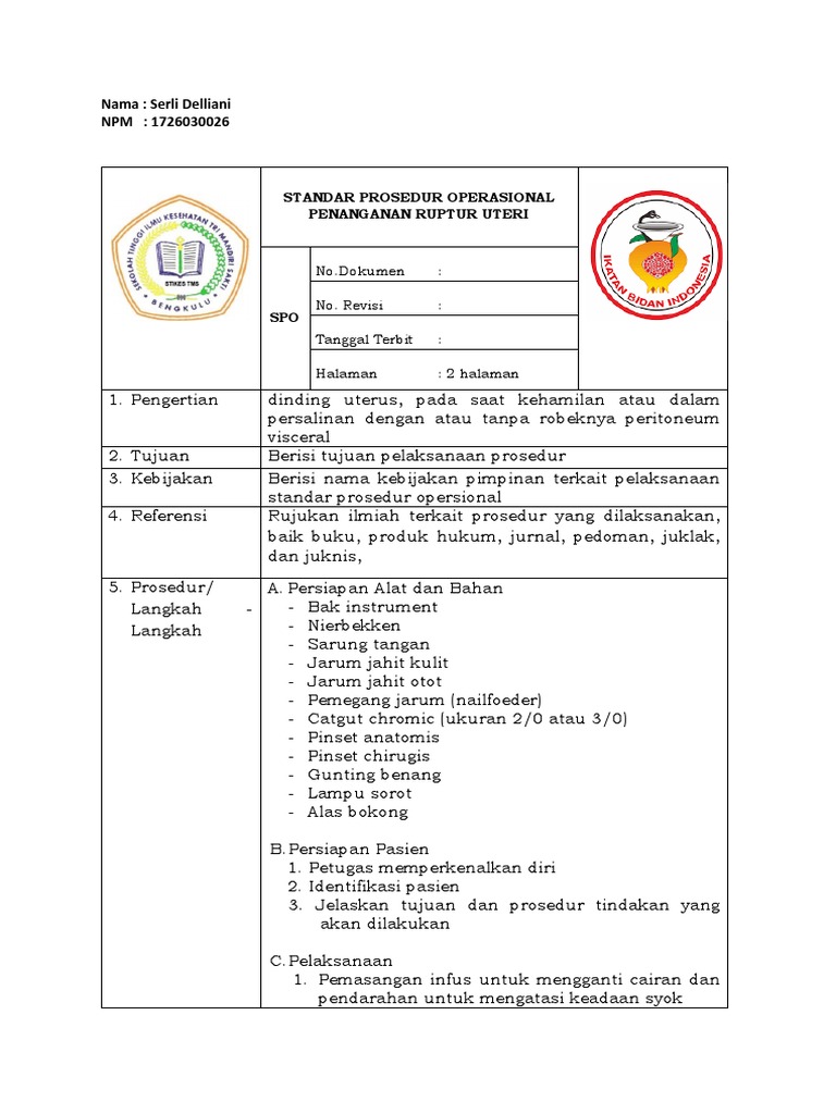 Serli Deliani Sop Ruptur Uteri 3A (1726230026) | PDF