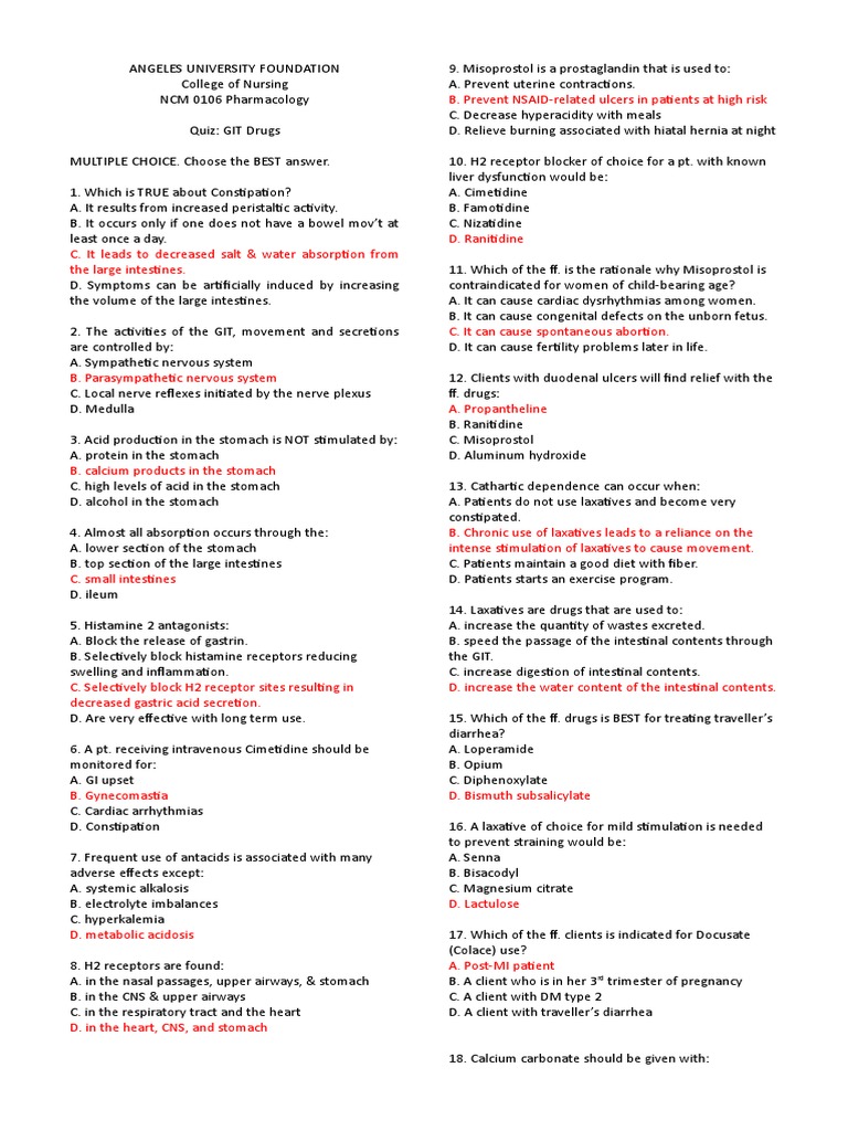 GIT Pharmacology Quiz Overview | PDF | Gastrointestinal Tract | Stomach
