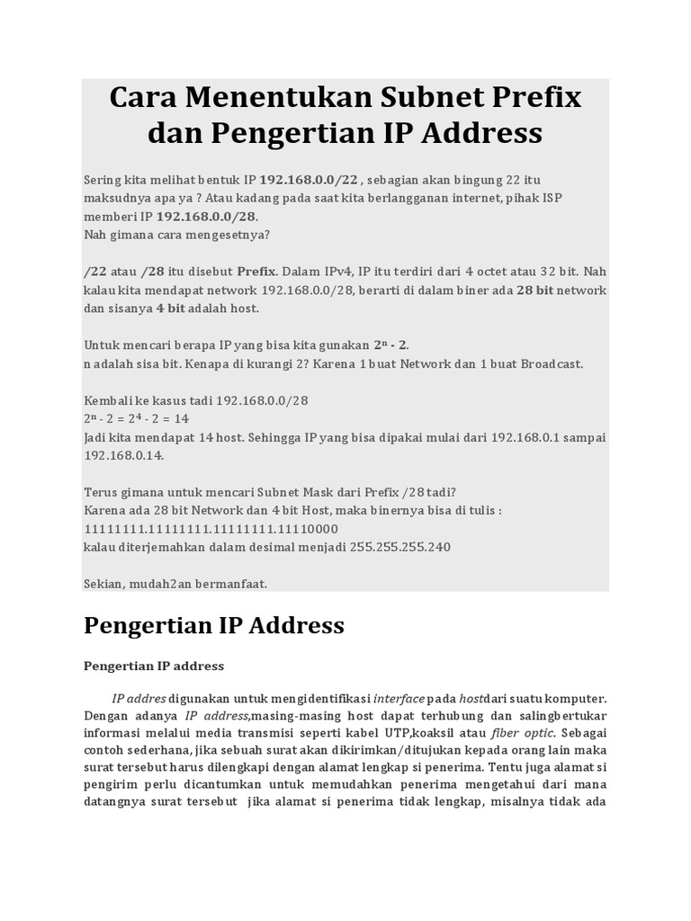 Cara Menentukan Subnet Prefix Dan Pengertian IP Address | PDF | Komputer