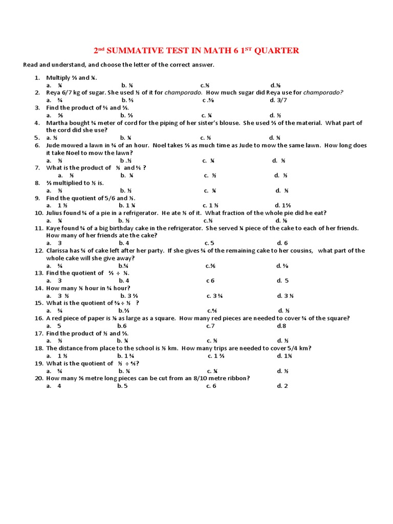 2nd Summative Test in Math 6 1st Quarter | Download Free PDF | Teaching ...