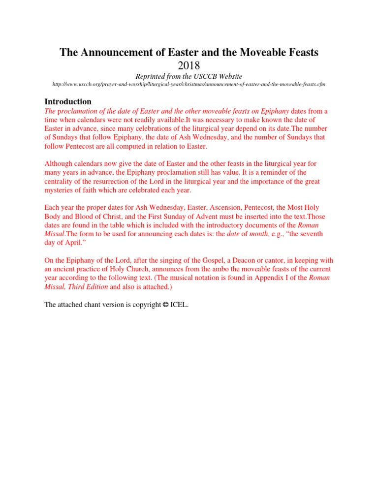 The Announcement of Easter and The Moveable Feasts - Complete | PDF | Liturgical Year | Easter