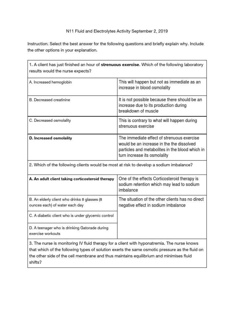 Fluid Electrolyte Worksheet | PDF | Rtt | Medical Specialties