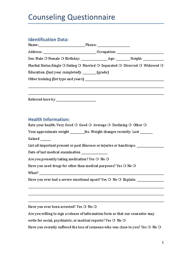 Counseling Questionnaire | Download Free PDF | Marriage | Psychotherapy