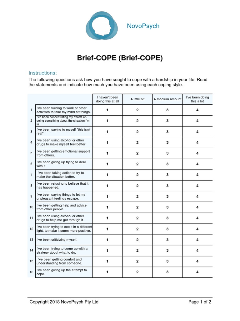 Brief Cope PDF Assessment Scoring | PDF | Psychological Concepts ...