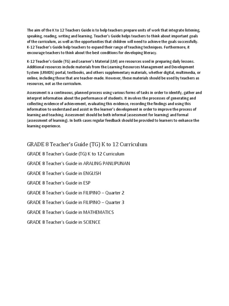 Grade 8 Guide | PDF | Educational Assessment | Teachers