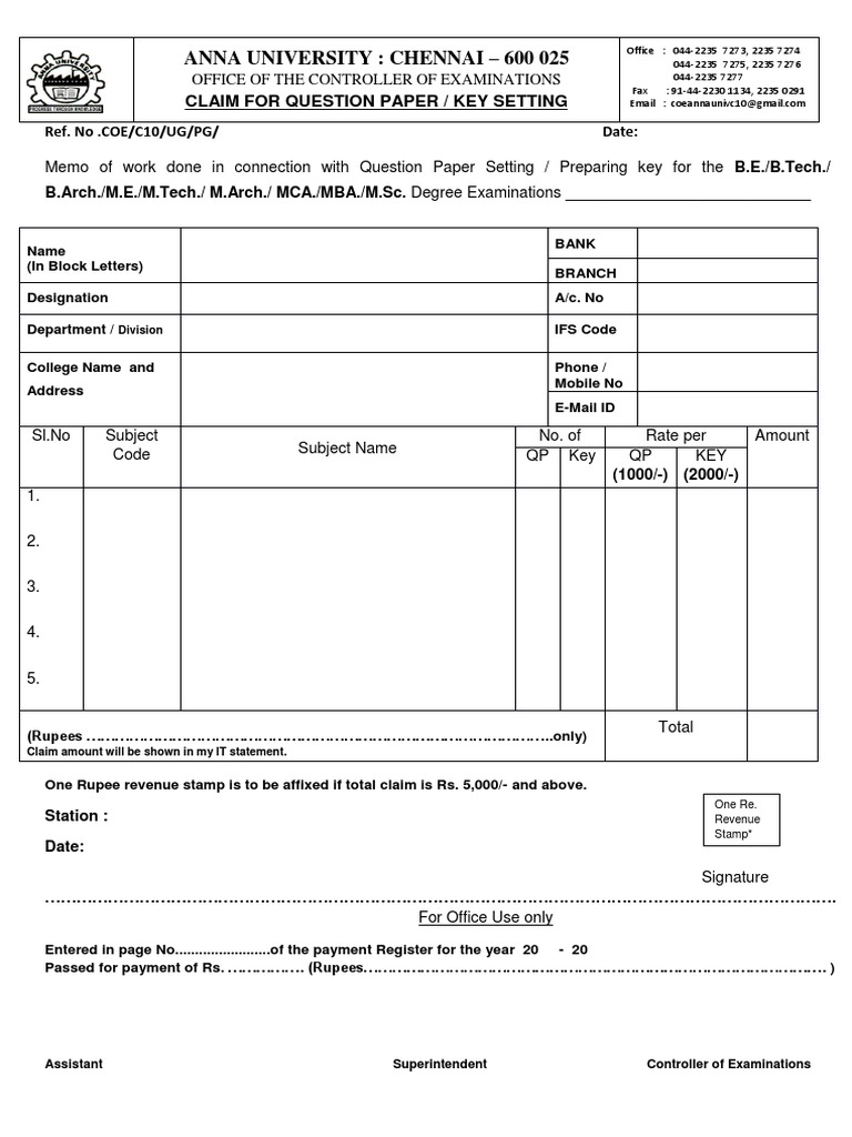 Claim For Question Paper and Key Setters | PDF | Business