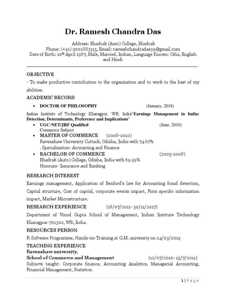 Curriculum Vitae - Dr. Ramesh Chandra Das | PDF | Accounting | Business