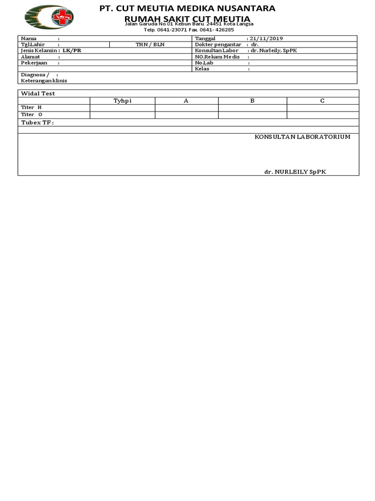 Hasil Tes Widal di RS Cut Meutia | PDF
